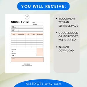 Simple and Professional Business Order Form Template Word, Printable Small Business Order Form ...