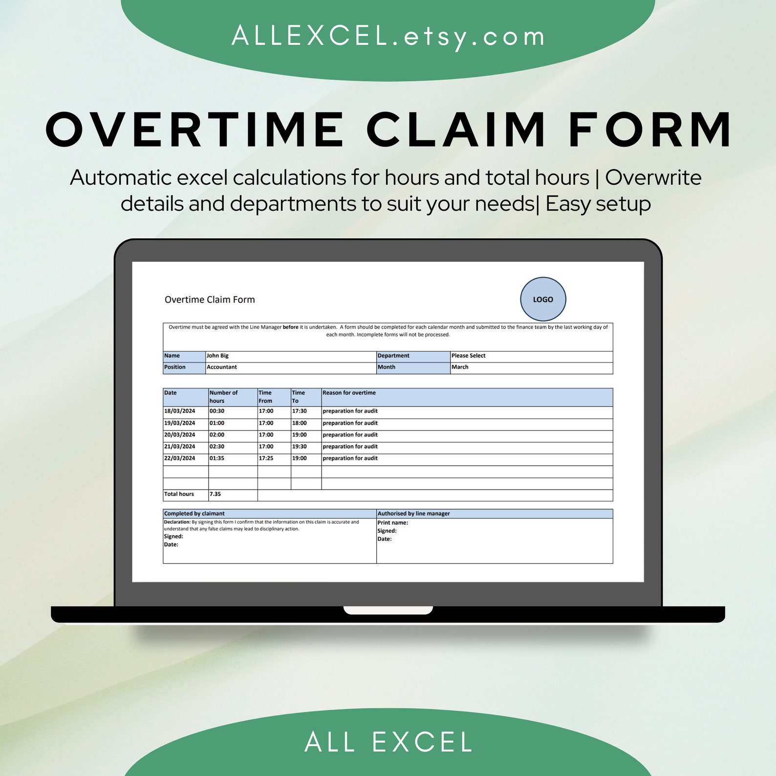 Overtime Claim Form, Printable Overtime Template, Google Sheet Invoice ...
