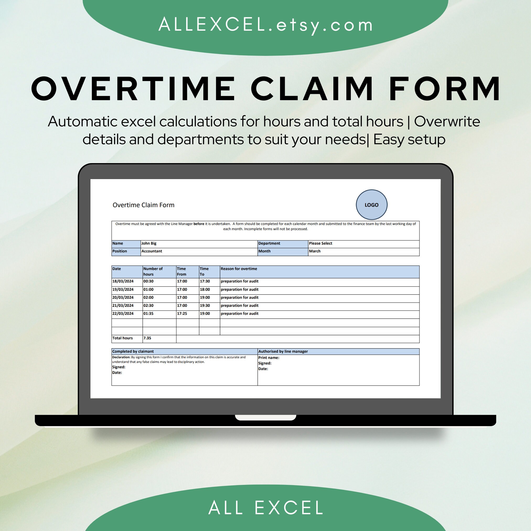 Overtime Claim Form, Printable Overtime Template, Google Sheet Invoice ...