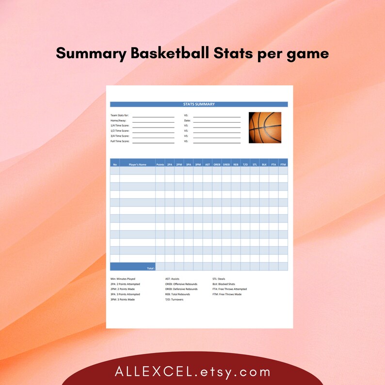Basketball Statistic per Player, Performance per Player, Printable PDF ...