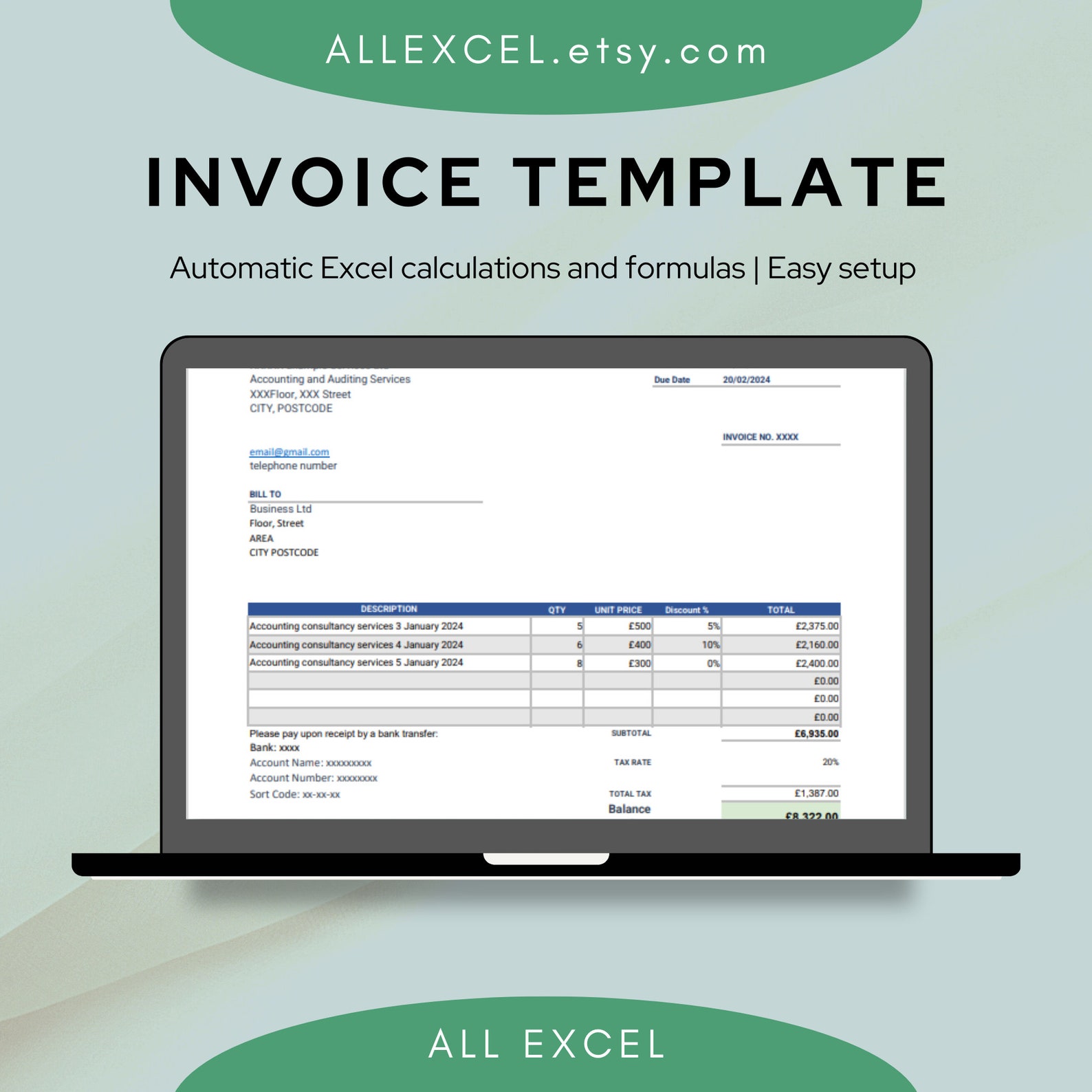 Invoice Template Excel, Printable Invoice Template, Google Sheet ...