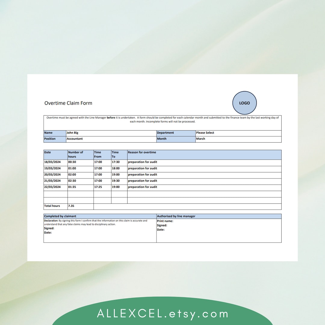 Overtime Claim Form, Printable Overtime Template, Google Sheet Invoice ...