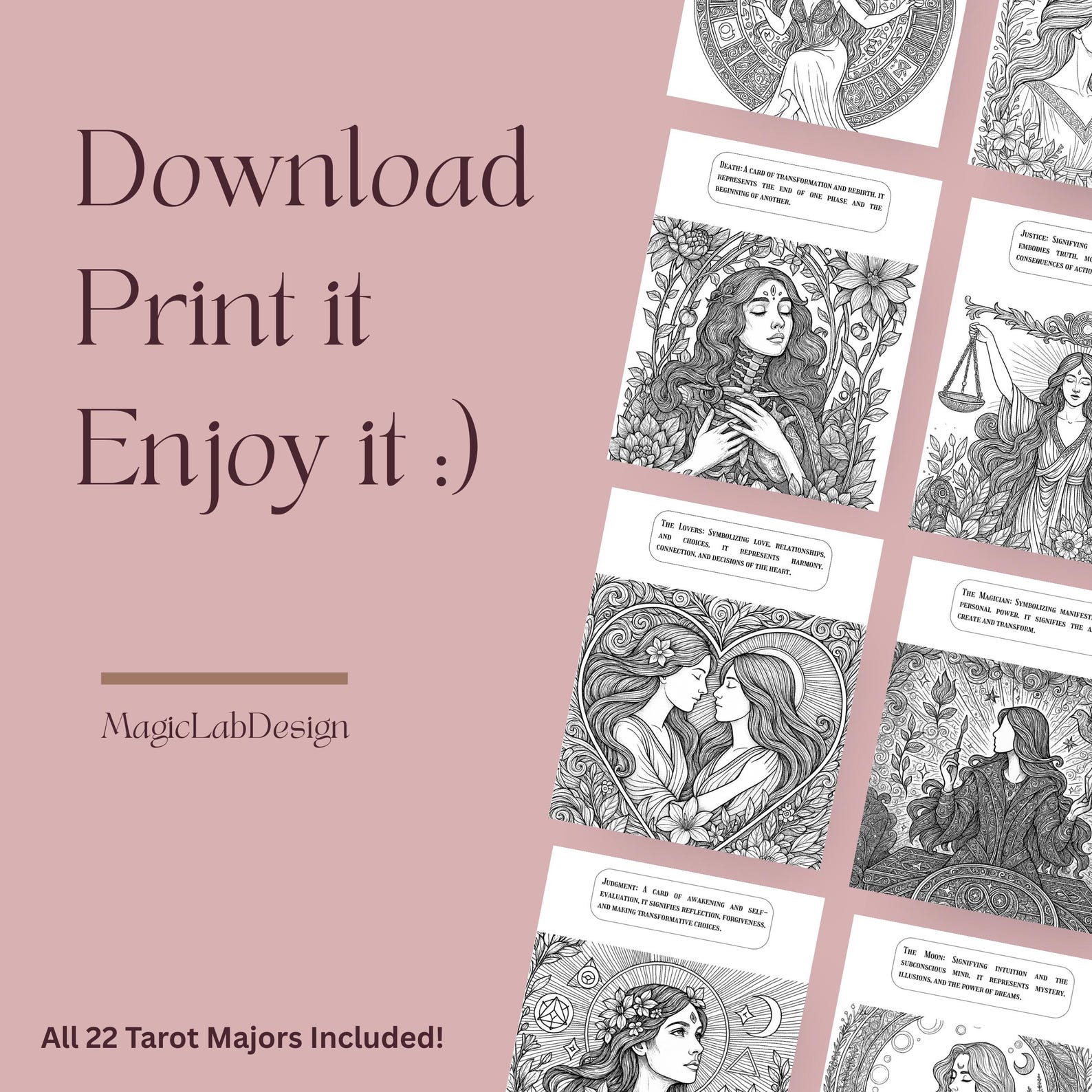 Tarot Coloring Pages for Adults – 22 Major Arcana Cards With Feminine ...