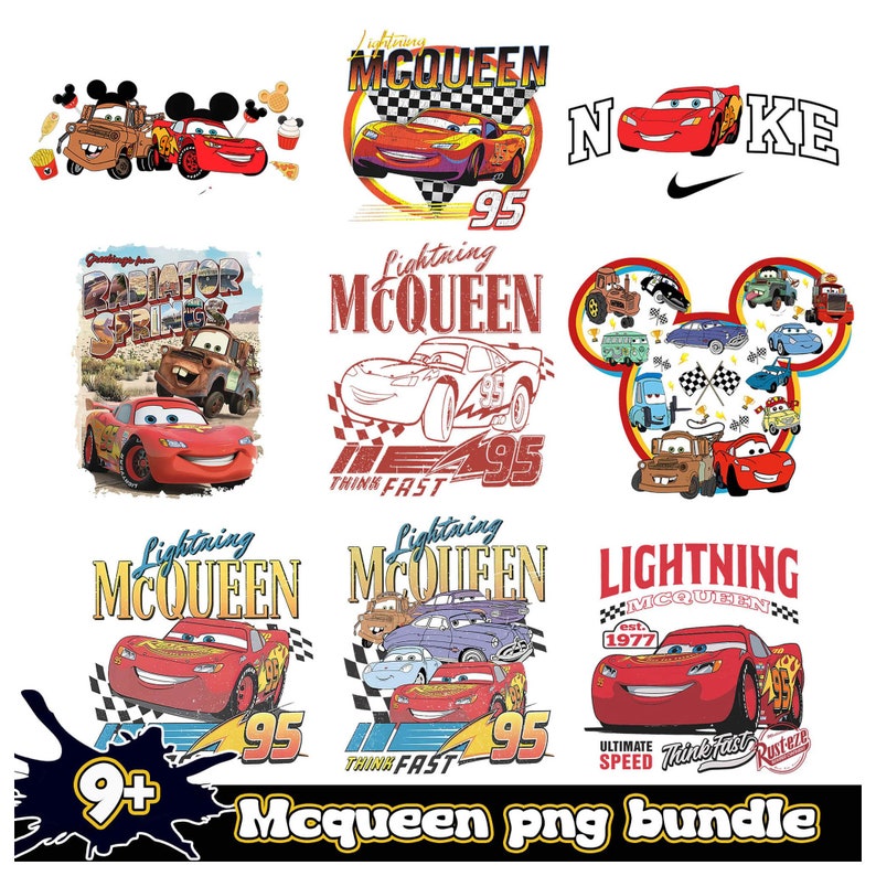 Mcqueen Png Bundle, Retro Lightning Mcqueen PNG Bundle, Think Fast Cars ...