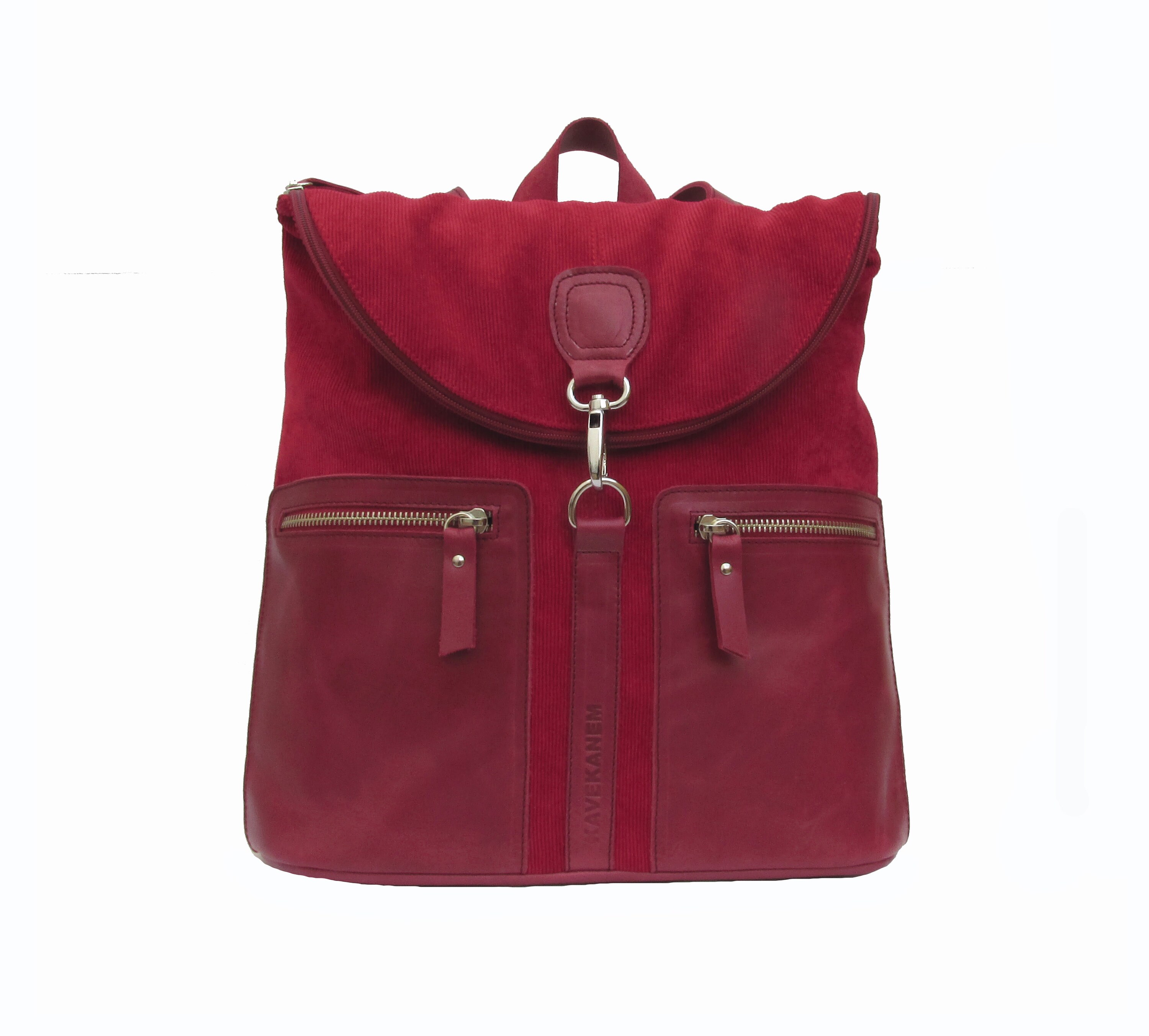 Rucksack aus Cord und Leder. Handgefertigter roter Cordrucksack ...