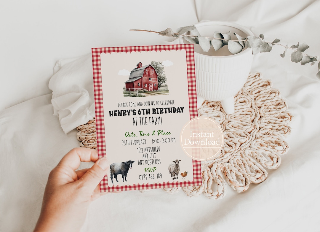 Editable Red Farm Template Invitation - Farm Birthday Party Invite ...