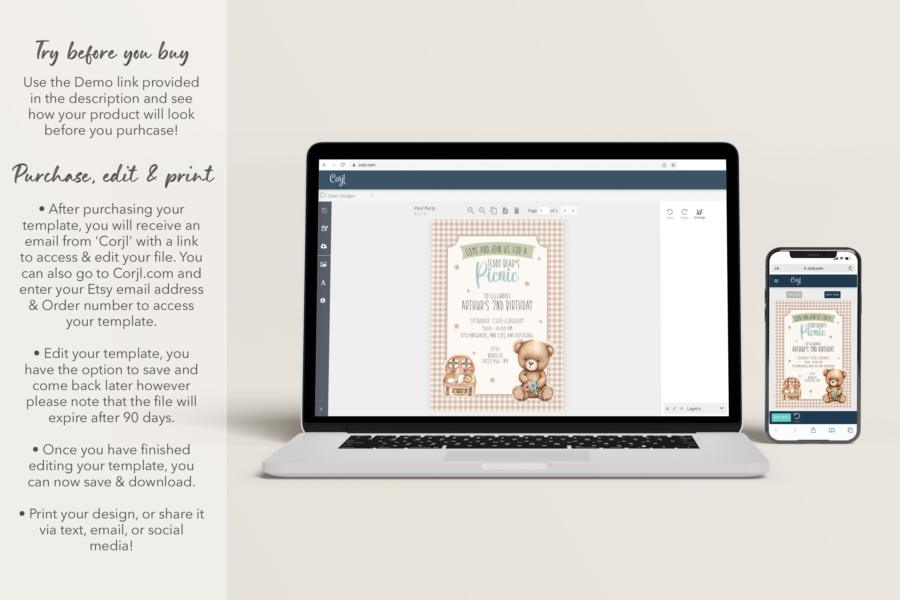 Editable Teddy Bear's Picnic Template Invitation Teddy - Etsy Australia