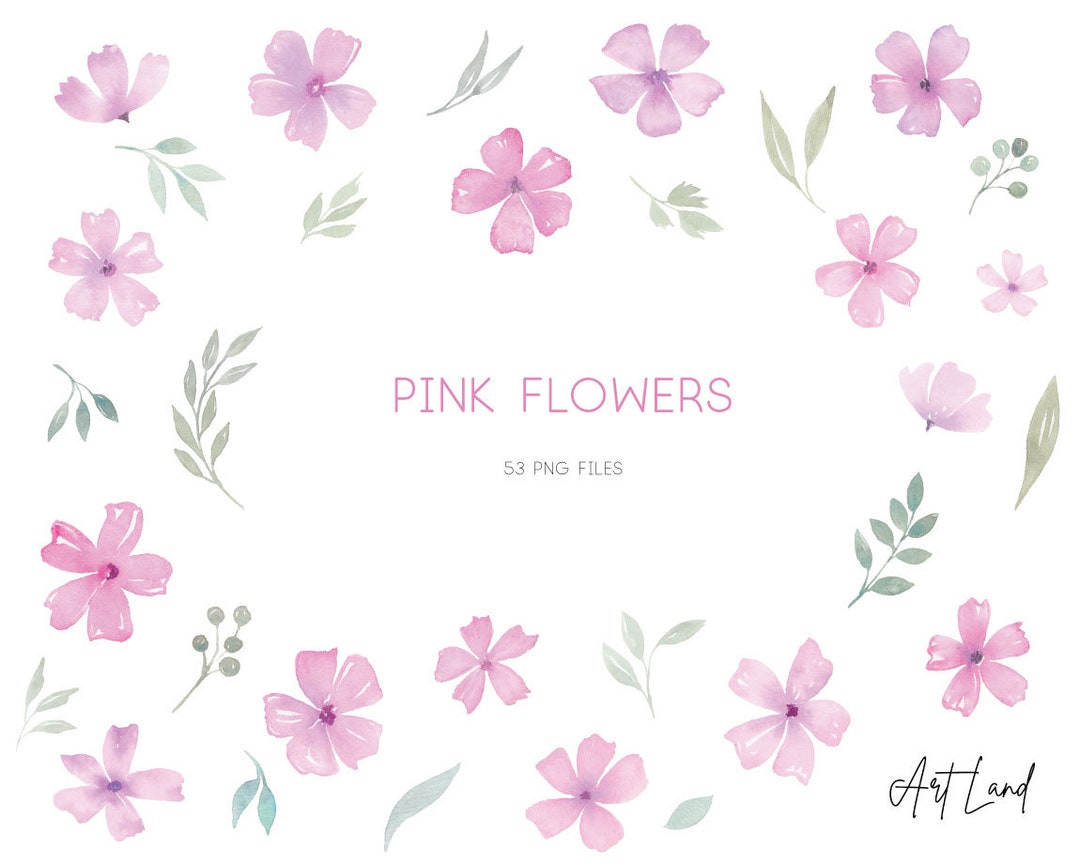 Watercolor Pink Flowers and Leaves Clipart, Watercolour Clip Art ...