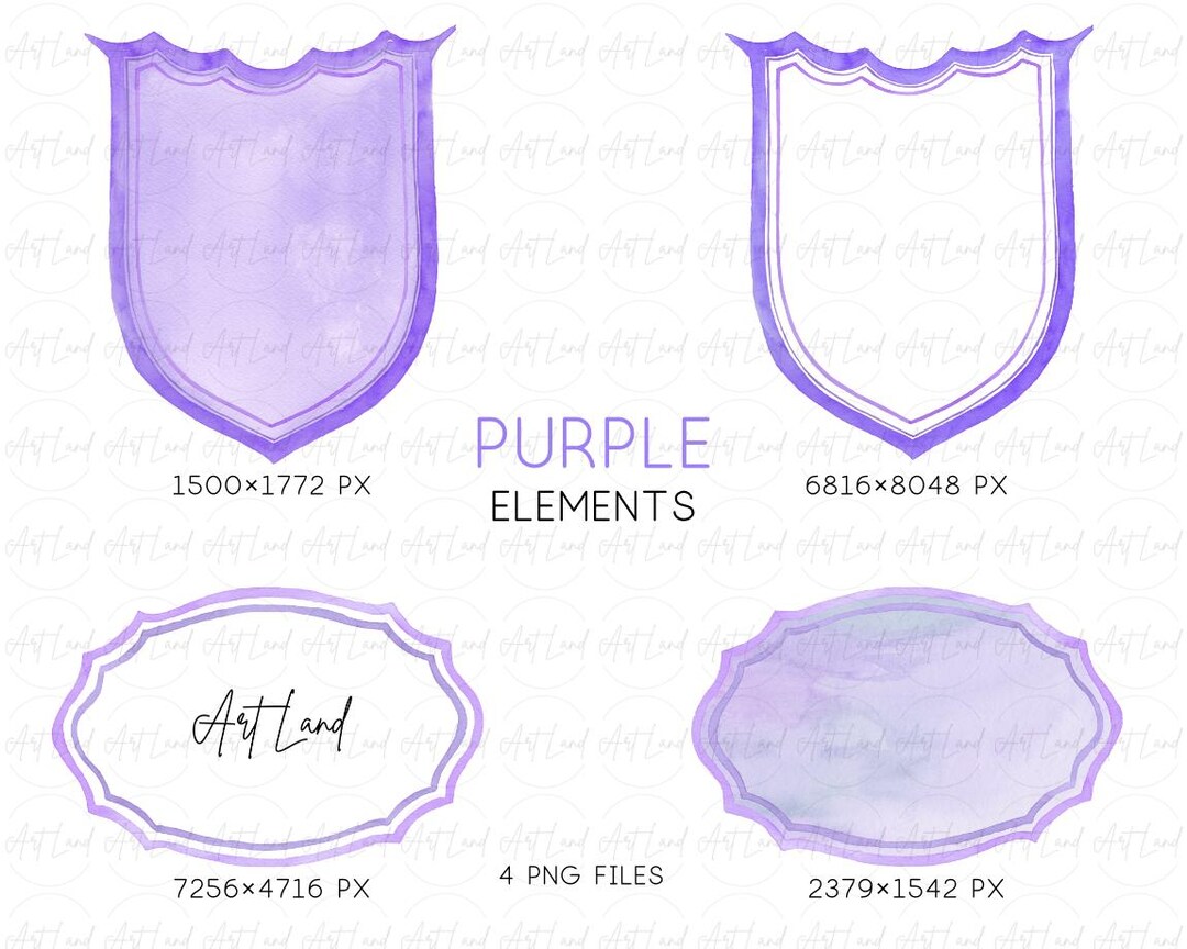 Watercolor Purple Crests and Borders Clipart: 4 Hand-painted Elements ...