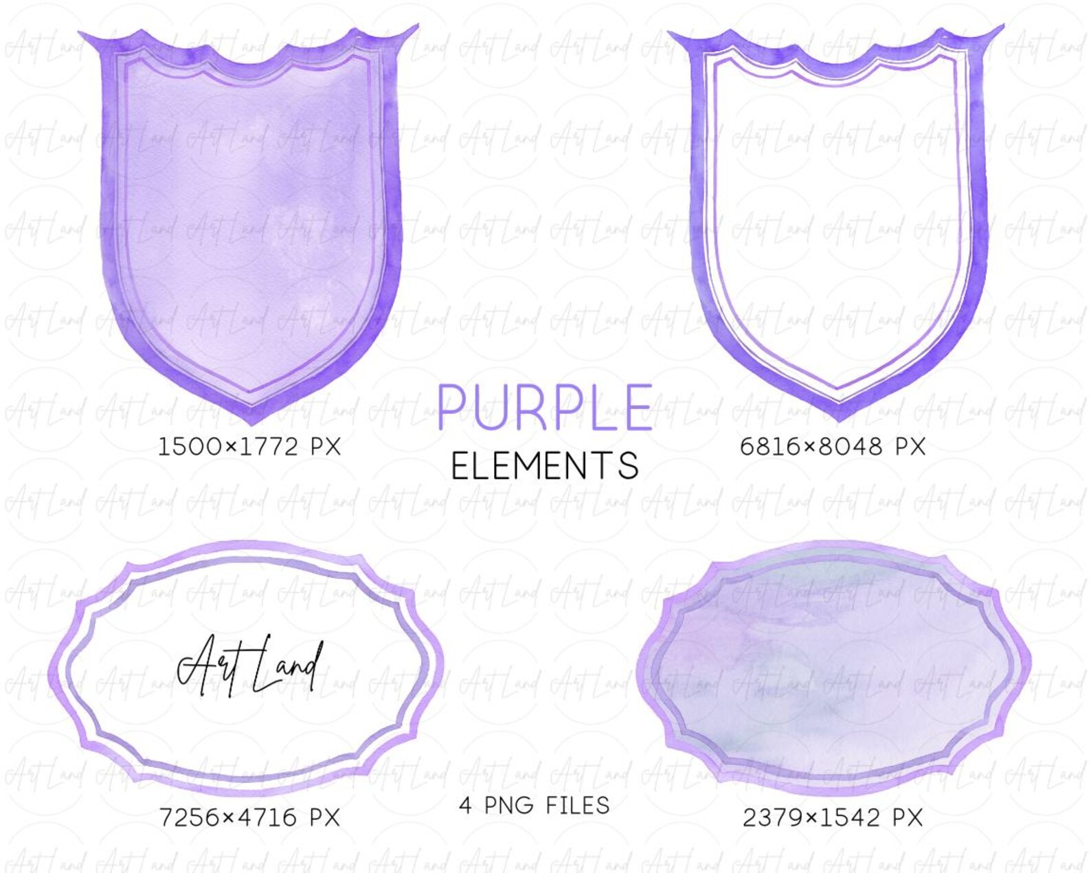 Watercolor Purple Crests and Borders Clipart: 4 Hand-painted Elements ...