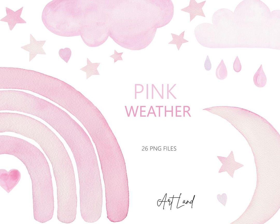 Watercolor Pink Weather Clipart: 26 Hand-painted Elements (PNG, Digital ...