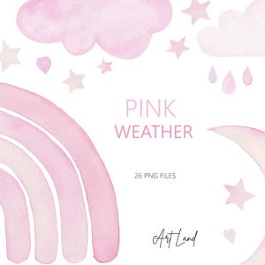 Watercolor Pink Weather Clipart: 26 Hand-painted Elements (PNG, Digital ...
