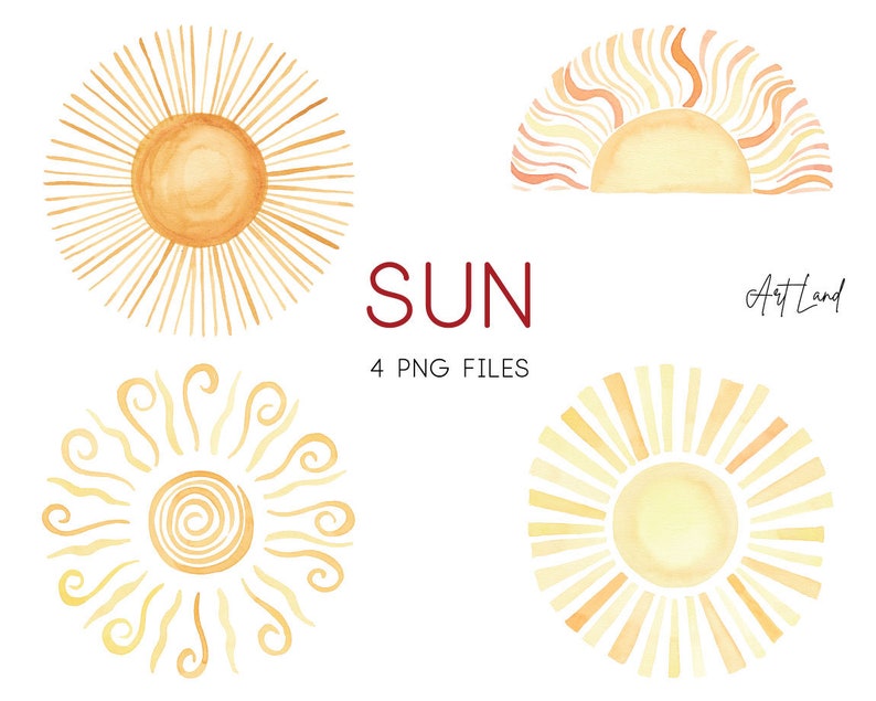 Watercolor Sun Clipart Hand Painted Watercolour Digital Sun - Etsy