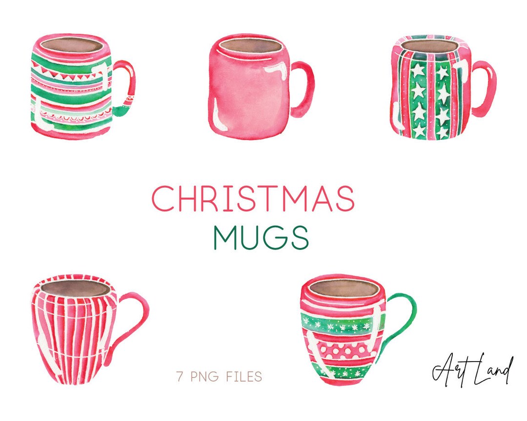 Watercolor Christmas Mugs Clipart: 7 Hand-painted Mugs (PNG, Digital ...