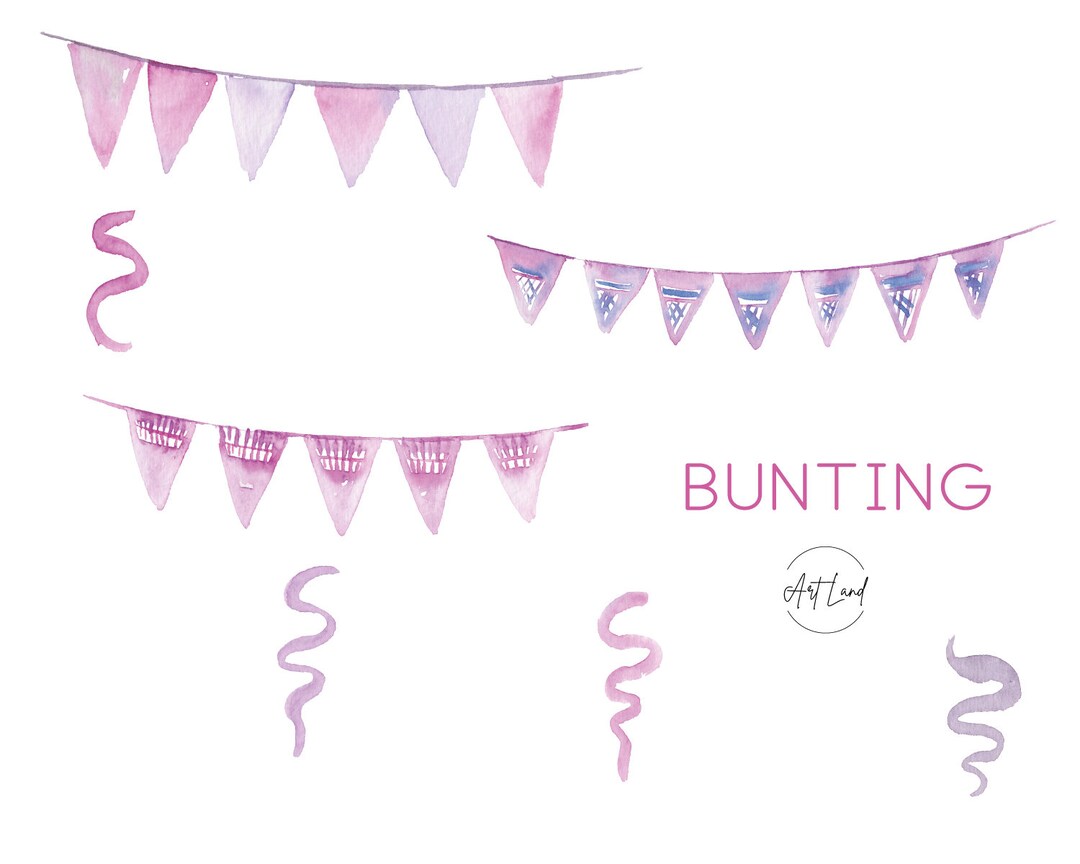 Bunting Flag Watercolor Clip Art Elements, Pink Banner, Pink Bunting ...
