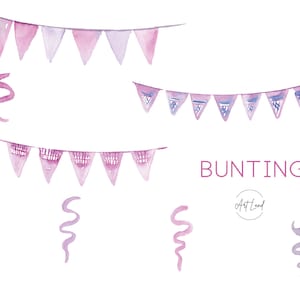 Bunting Flag Watercolor Clip Art Elements, Pink Banner, Pink Bunting ...