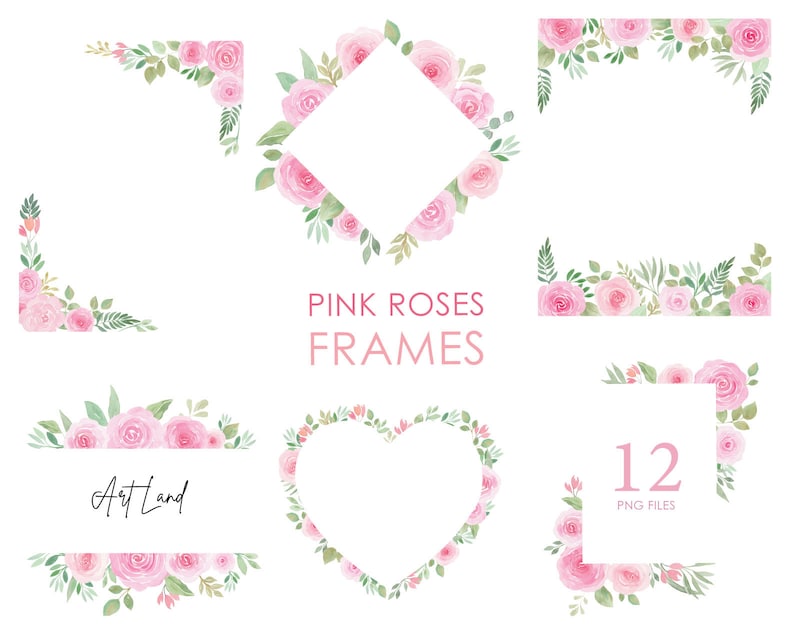 Watercolor Floral Clipart Frames Border Pink Roses Flower | Etsy