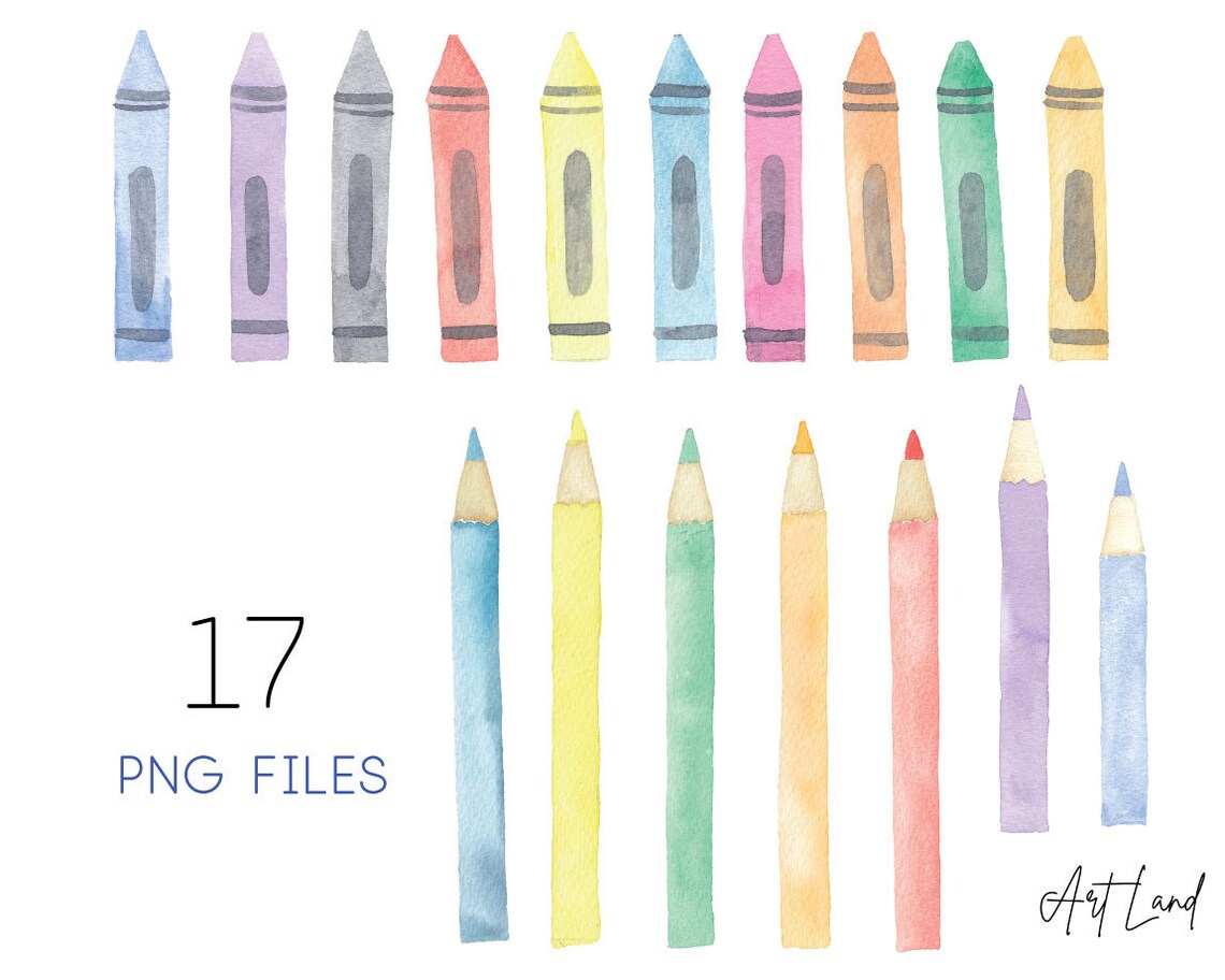 Watercolor Pencils & Crayons Clipart: 17 Hand-painted School Supplies ...