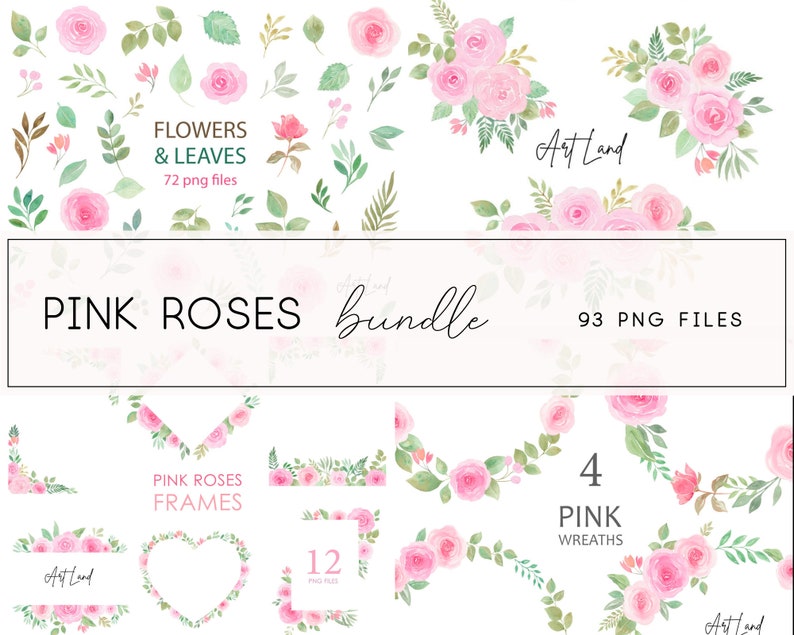 Watercolor Floral Clipart Pink Roses Bundle Watercolour Clip | Etsy