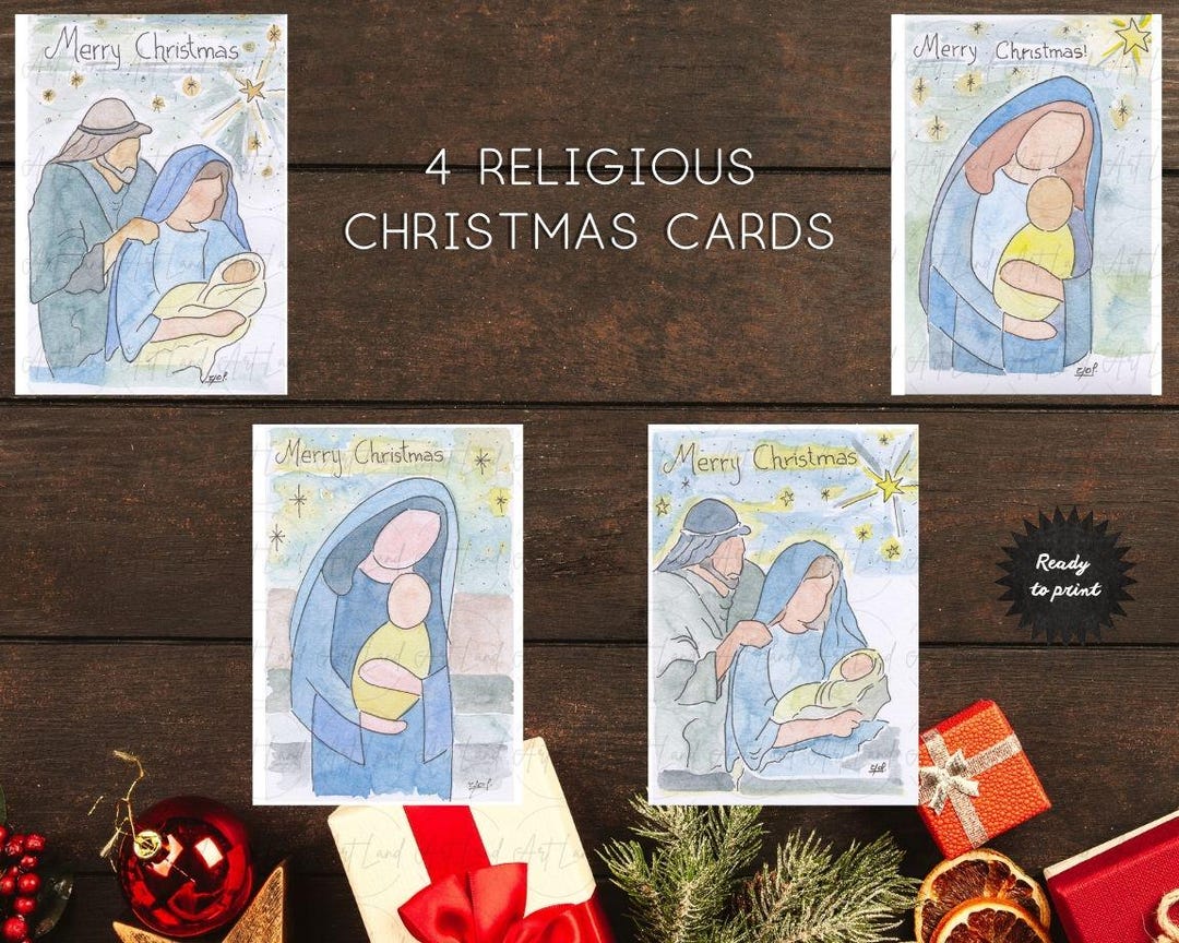 Religious Christmas Cards Set, Nativity Scene Watercolor Printables ...