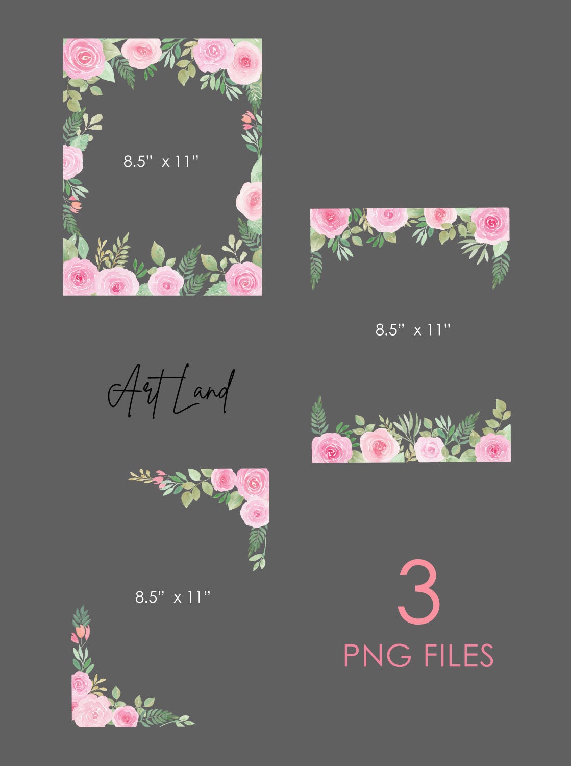 Watercolor Pink Roses Frames Clipart – 3 Hand-painted Floral Border ...