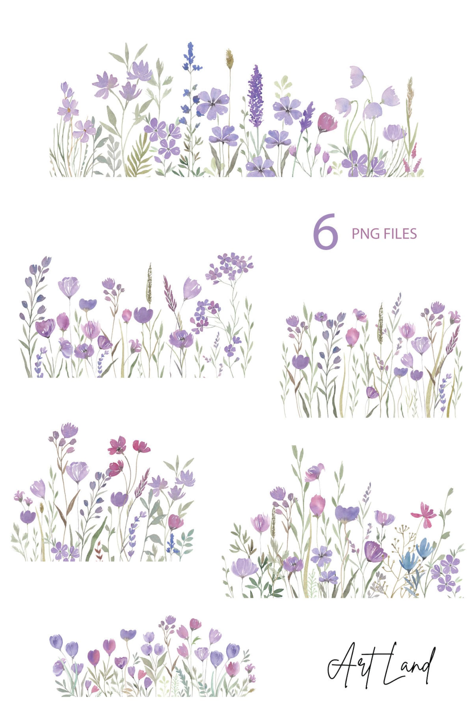 Watercolor Purple Wildflower Clipart: 6 Hand-painted Floral Borders ...