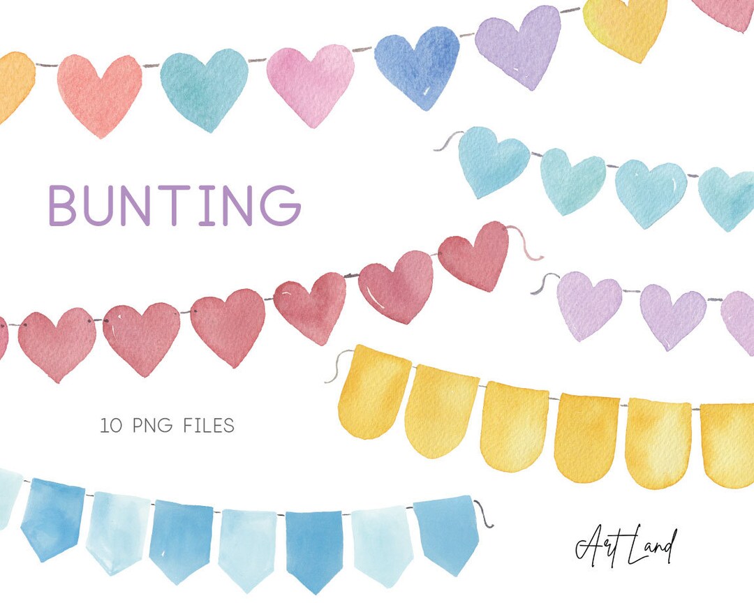 Watercolor Bunting Clipart Set – 10 Hand-painted Birthday Banner Pngs ...
