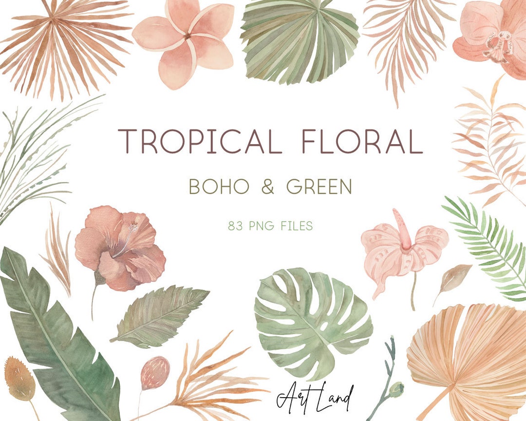 Watercolor Boho Tropical Clipart, Tropical Leaves Greenery, Watercolour ...