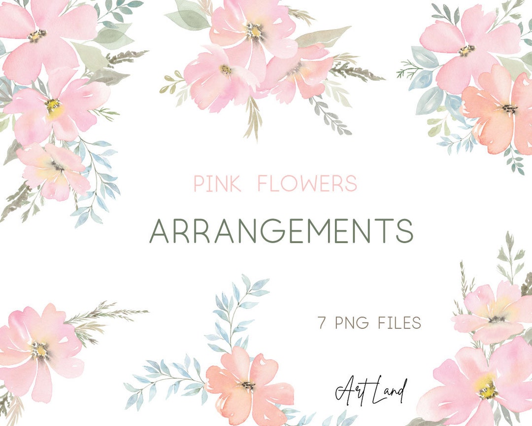 Watercolor Pink Floral Bouquets Clipart: 7 Hand-painted Elements (PNG ...
