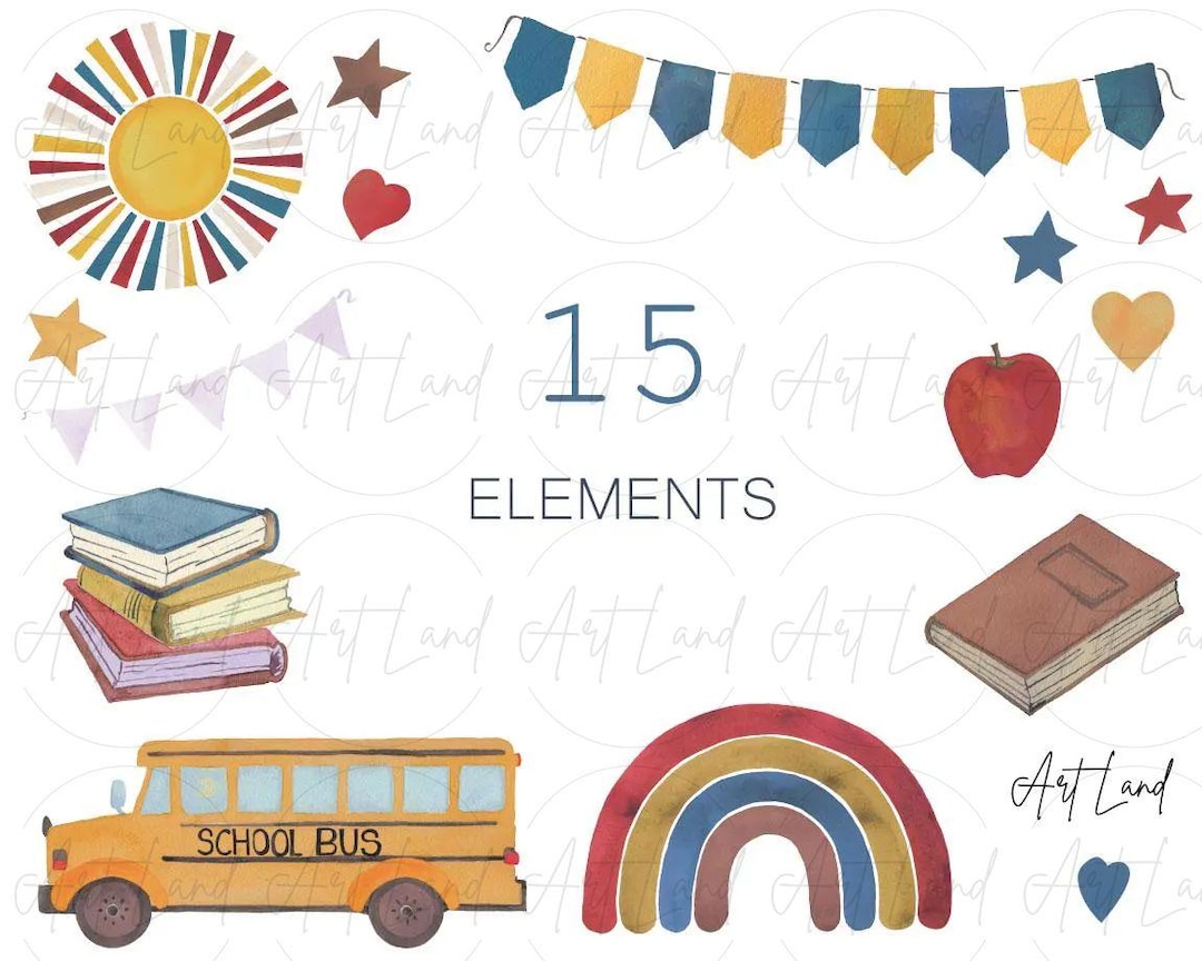 Watercolor School Clipart: 15 Hand-painted Back to School (PNG, Digital ...