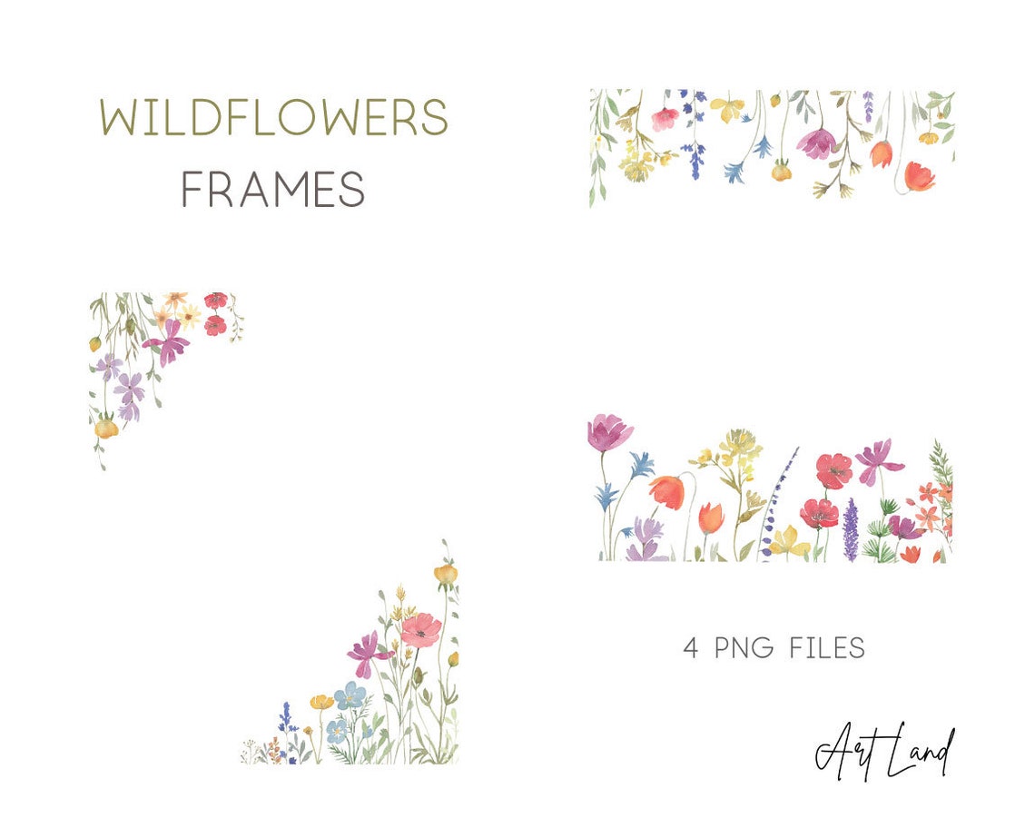 Watercolor Wildflower Frames: 4 Hand-painted Floral Clipart (PNG ...