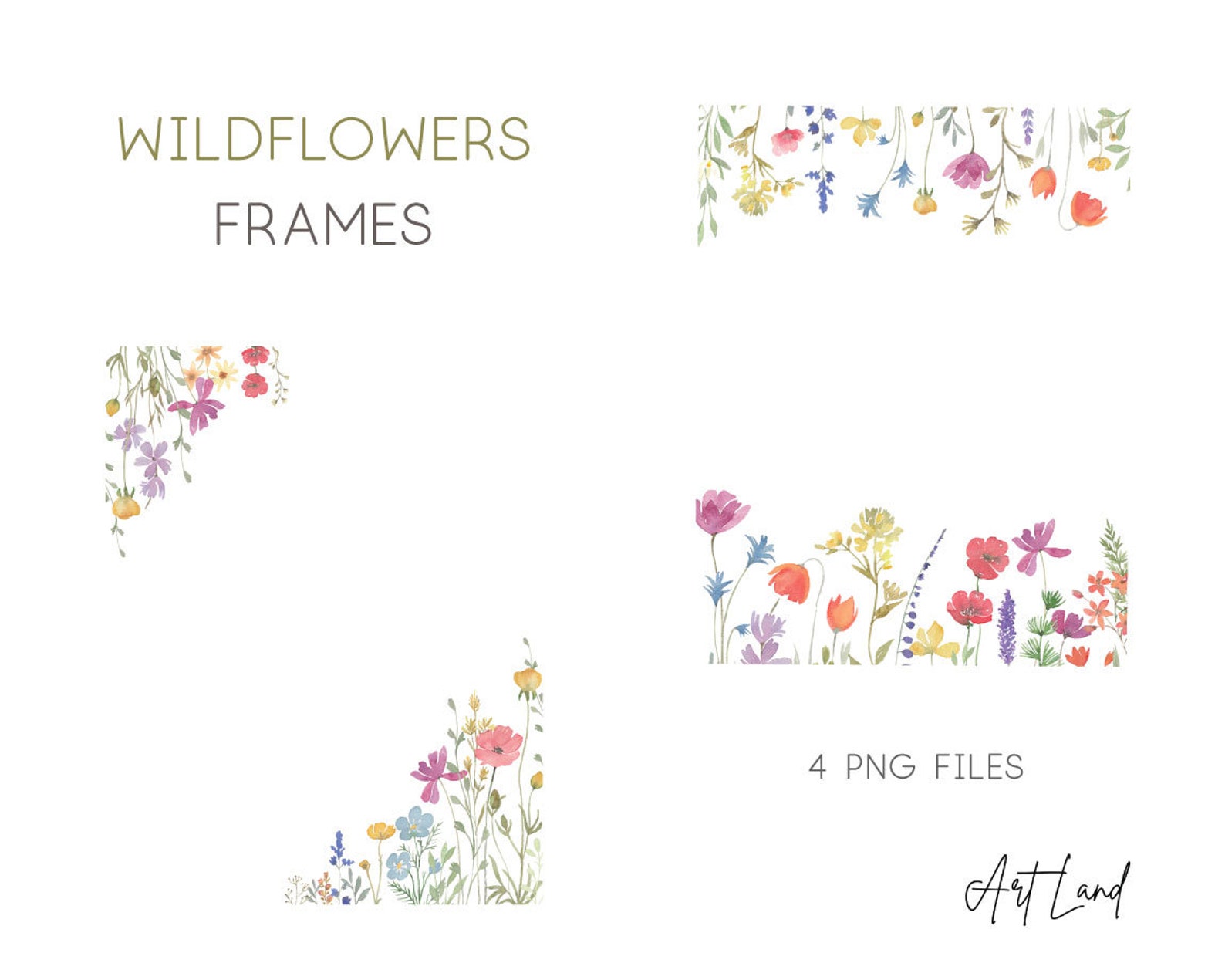 Watercolor Wildflower Frames: 4 Hand-painted Floral Clipart (PNG ...