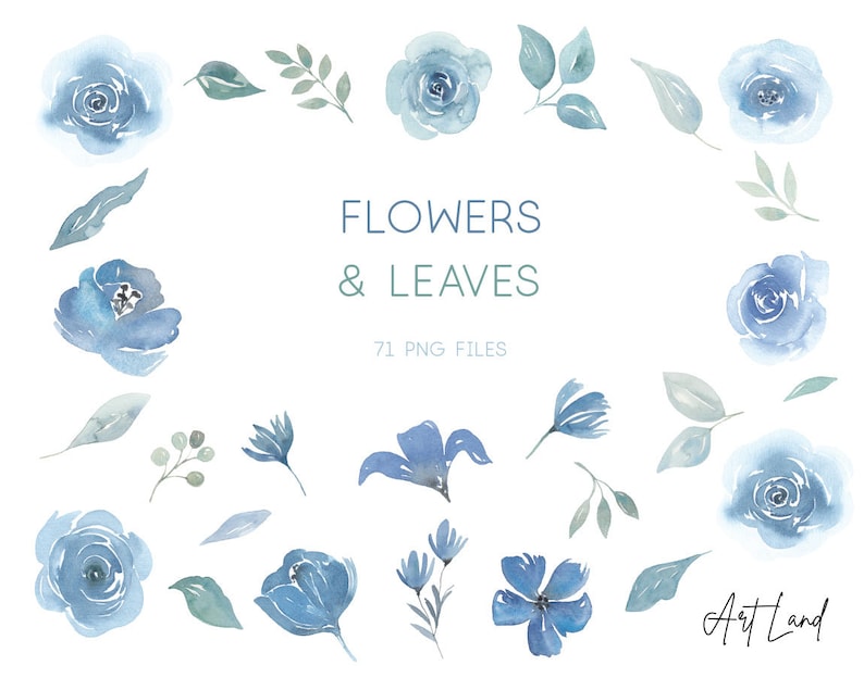 Watercolor Blue Floral Clipart: 71 Hand-painted Elements (PNG, Digital ...