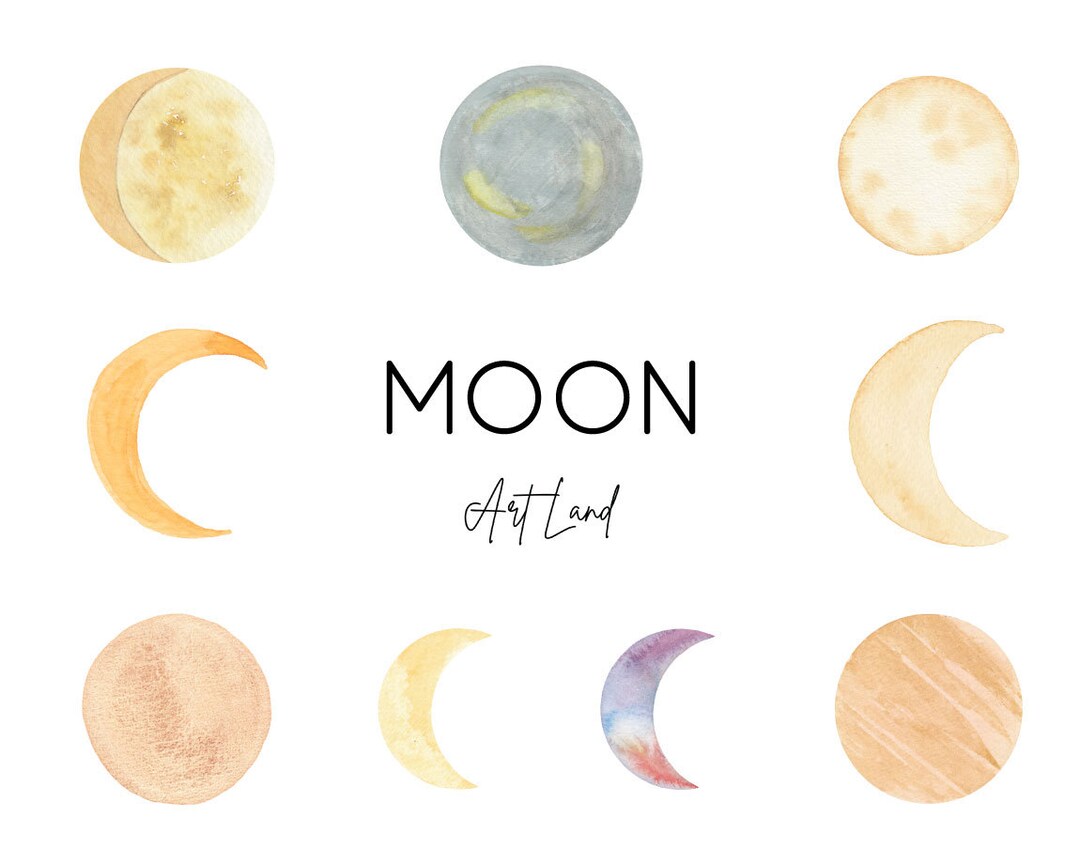 Moon Watercolor Clip Art Set, Moon Hand Painted Watercolour Clipart ...