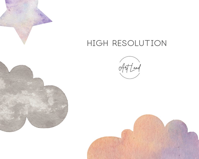 Cloud Star Moon Watercolor Clip Art Set Hand Painted Clouds | Etsy Canada