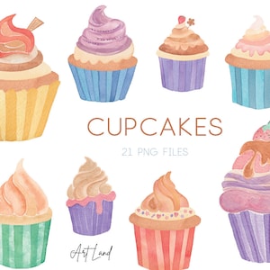 Watercolor Cupcakes Clipart: 21 Hand-painted Birthday Party (PNG ...