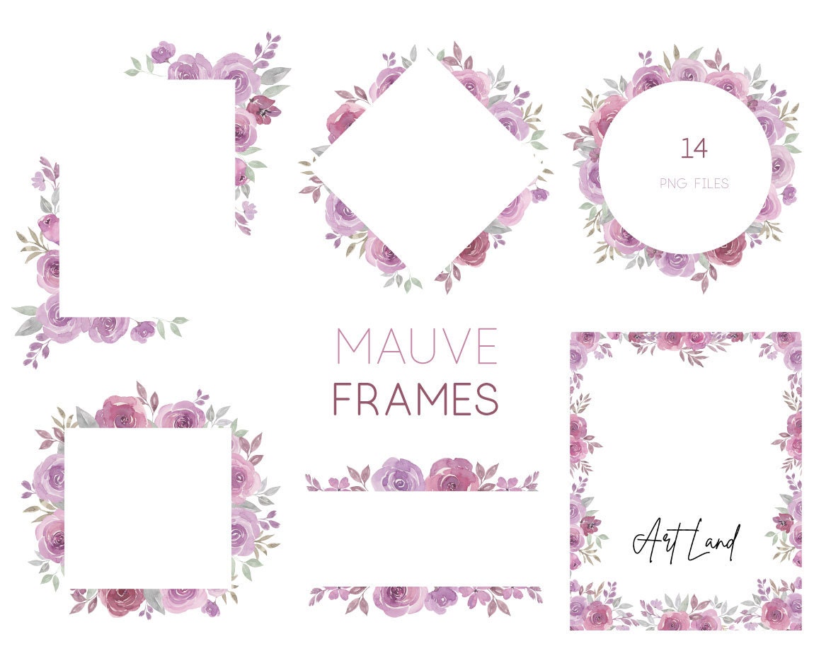 Watercolor Mauve Roses Frames Clipart Set – 14 Hand-painted Floral ...