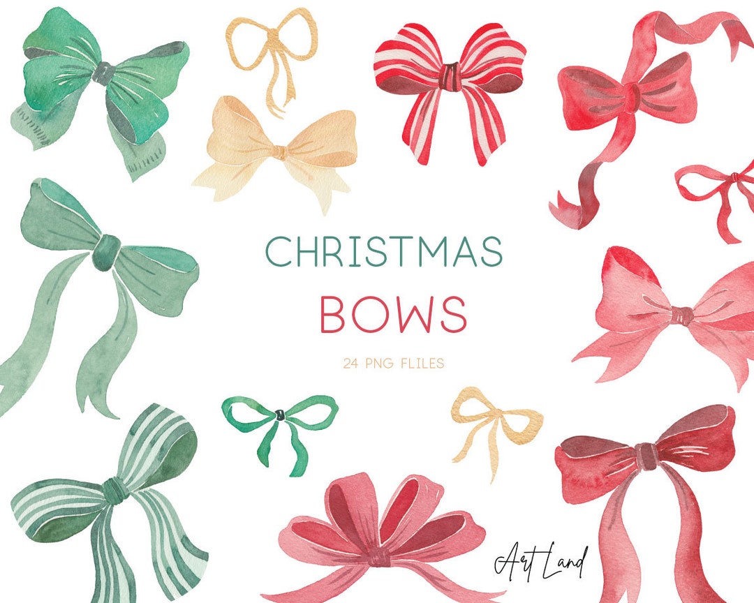 Watercolor Christmas Bows Clipart: 24 Hand-painted Ribbons (PNG ...