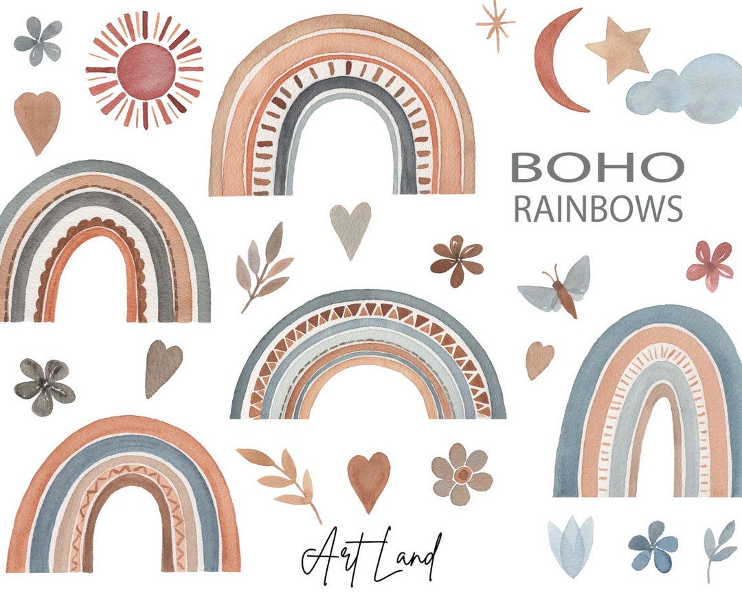 Watercolor Boho Rainbow Clipart, Hand Painted Rainbow Watercolour ...