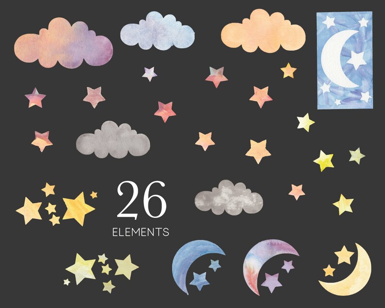 Cloud Star Moon Watercolor Clip Art Set Hand Painted Clouds - Etsy Canada