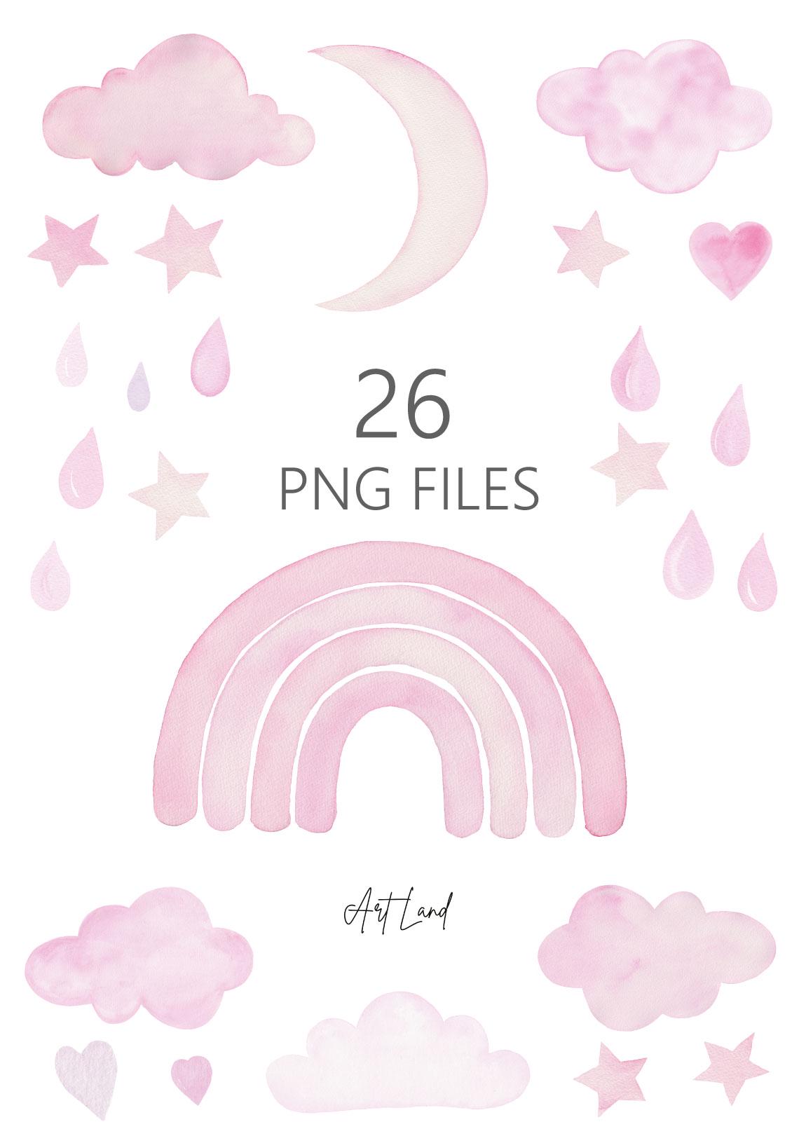 Watercolor Pink Weather Clipart: 26 Hand-painted Elements (PNG, Digital ...