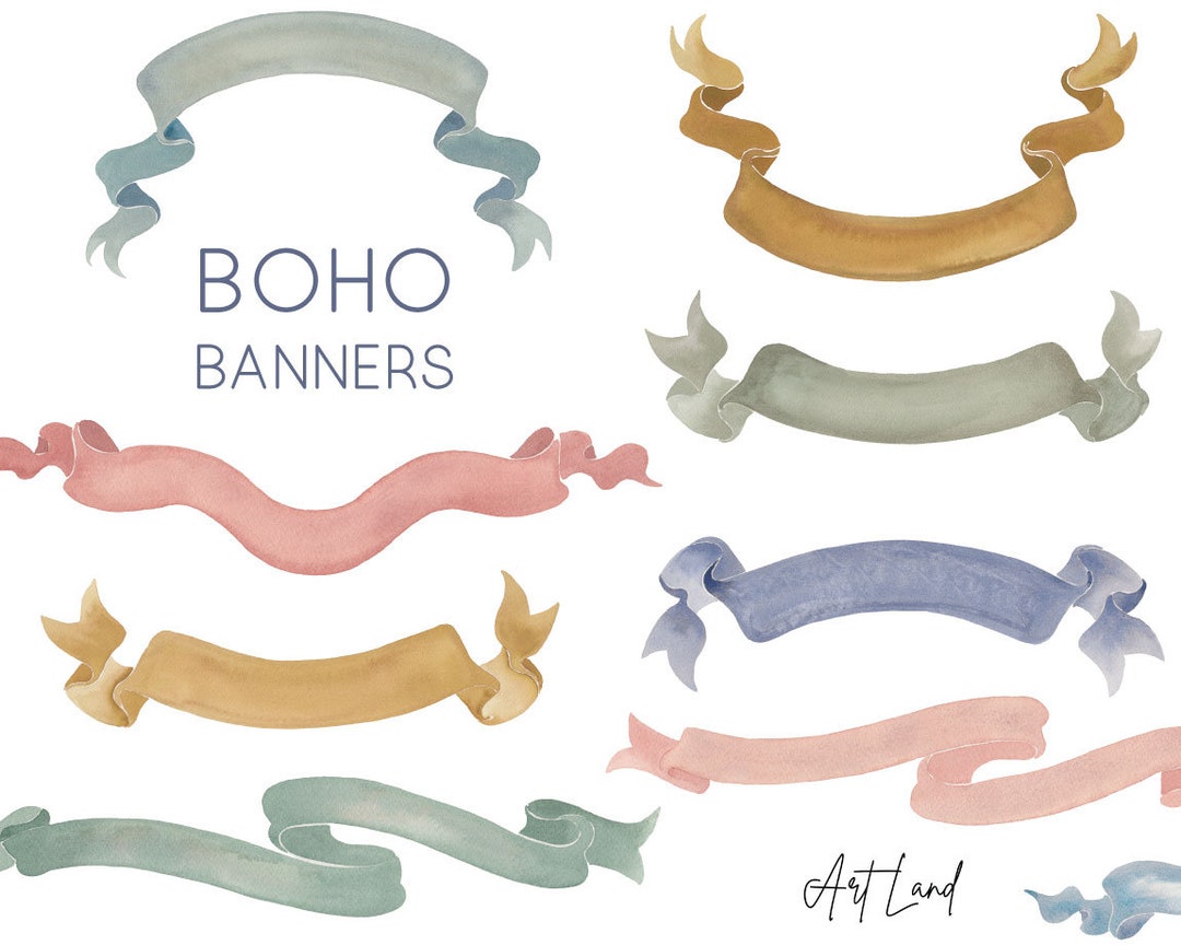Watercolor Boho Banners Clipart, Watercolor Clip Art, Files Hand ...