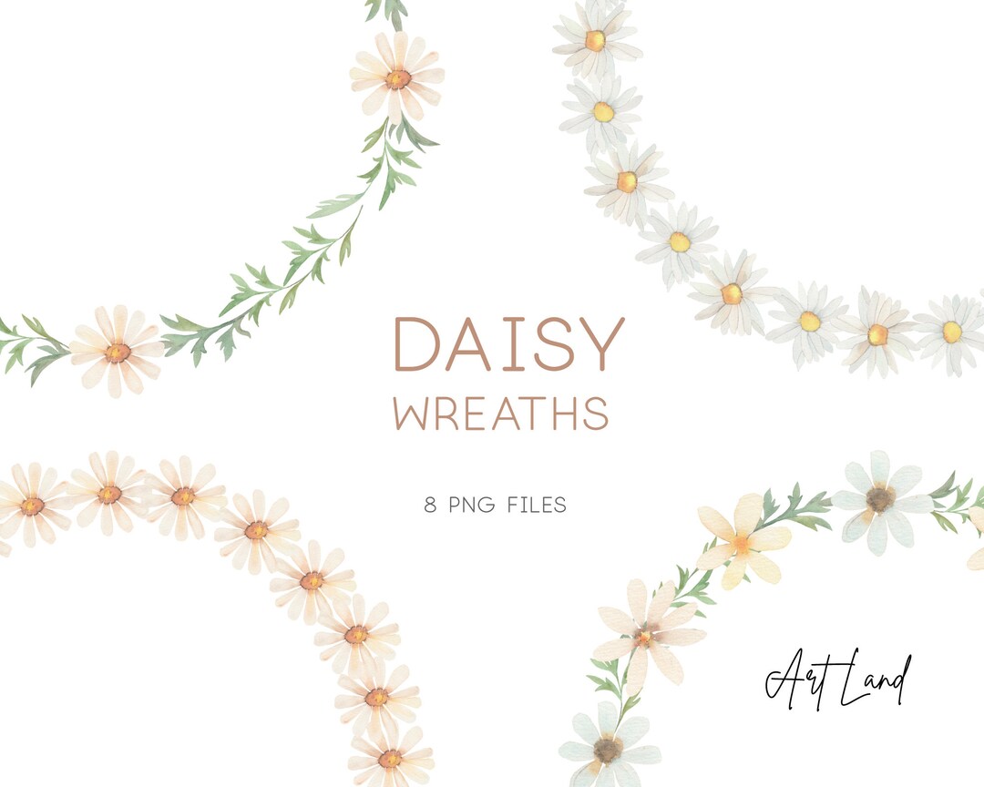 Watercolor Daisy Wreath Clipart Set – 8 Hand-painted Floral Frame Pngs ...