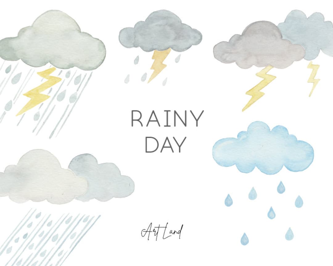 Watercolor Rainy Day Clipart – 18 Hand-painted Rain PNG Files, Clouds ...