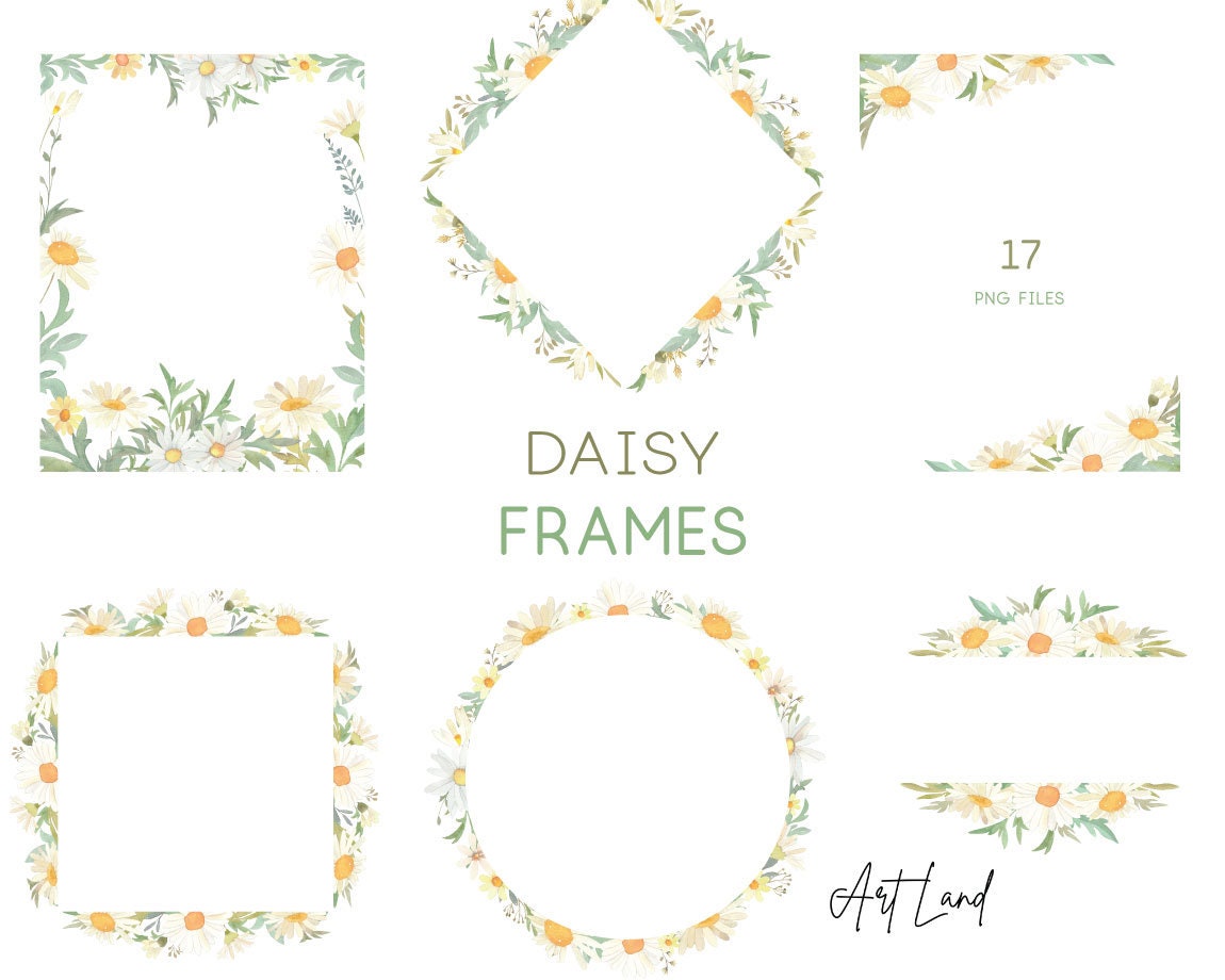 Watercolor Floral Clipart Frames Border Daisy Flower | Etsy