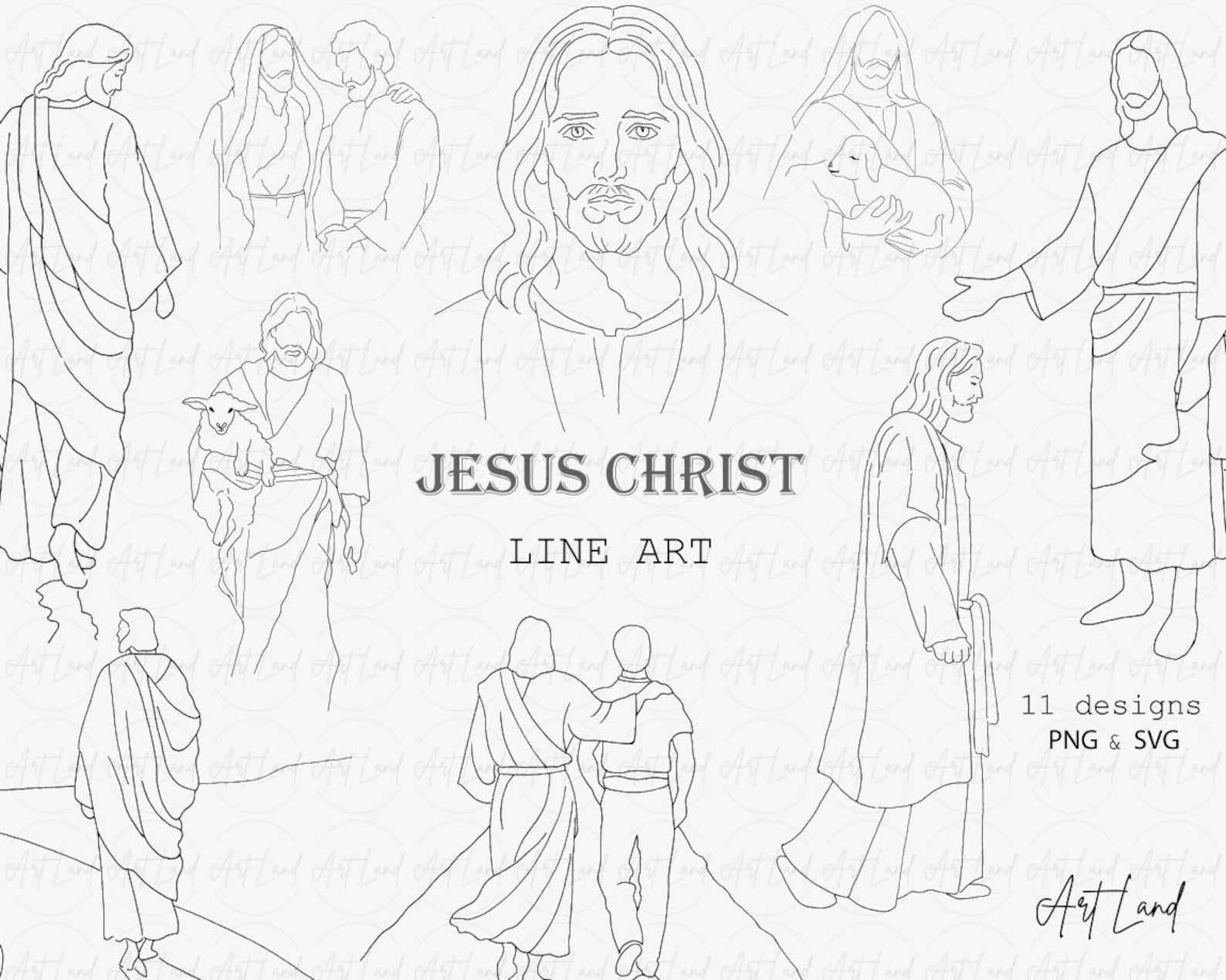 Line Art Jesus Christ Clipart: 11 Hand-drawn Designs (SVG, PNG, Digital ...