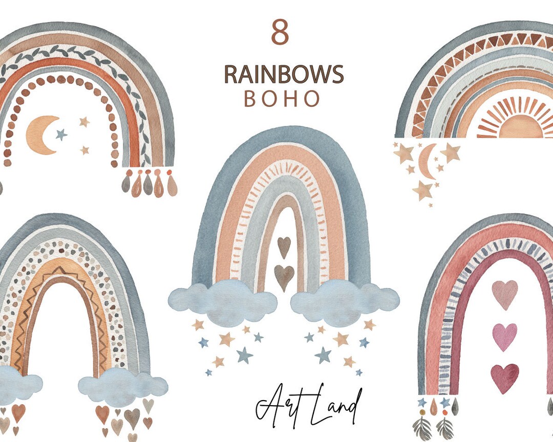 Watercolor Boho Rainbow Clipart, Hand Painted Rainbow Watercolour ...