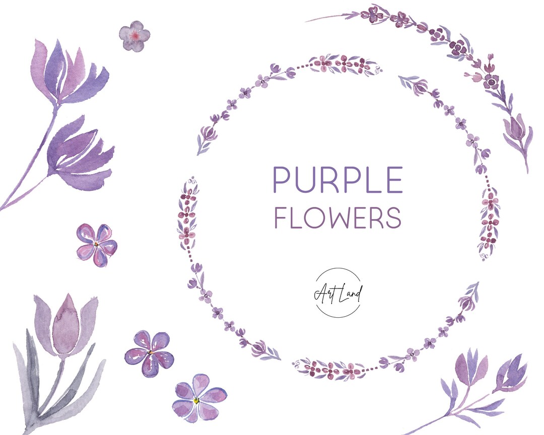 Watercolor Floral Clipart Purple Flowers, Purple Wreath, Watercolour ...