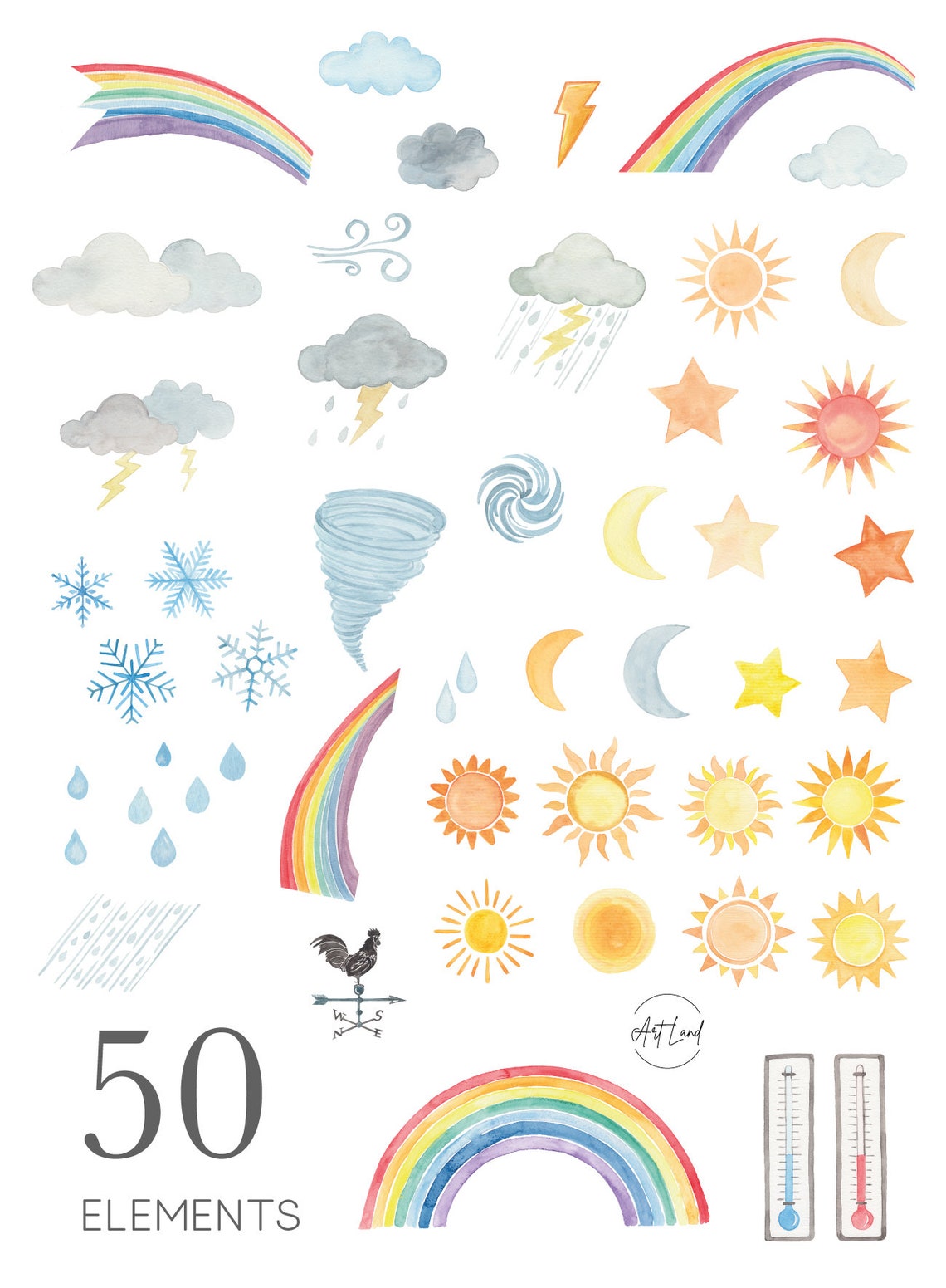 Watercolor Weather Clip Art Rainbow Sun Moon Clouds Snow | Etsy