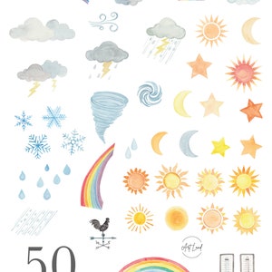 Watercolor Weather Clip Art, Rainbow, Sun Moon Clouds Snow Rain Snow ...